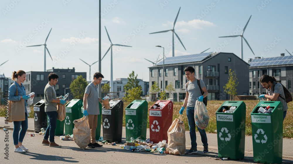 Poster People Disposing Plastic Waste in Color-Coded Bins at Eco ...