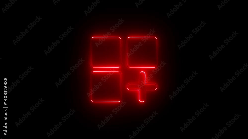 Neon animated dashboard icon – glowing red grid with add symbol on dark ...