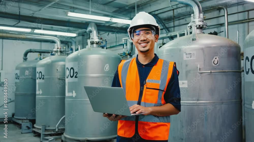 Smiling engineer in hardhat and safety vest uses laptop in an ...