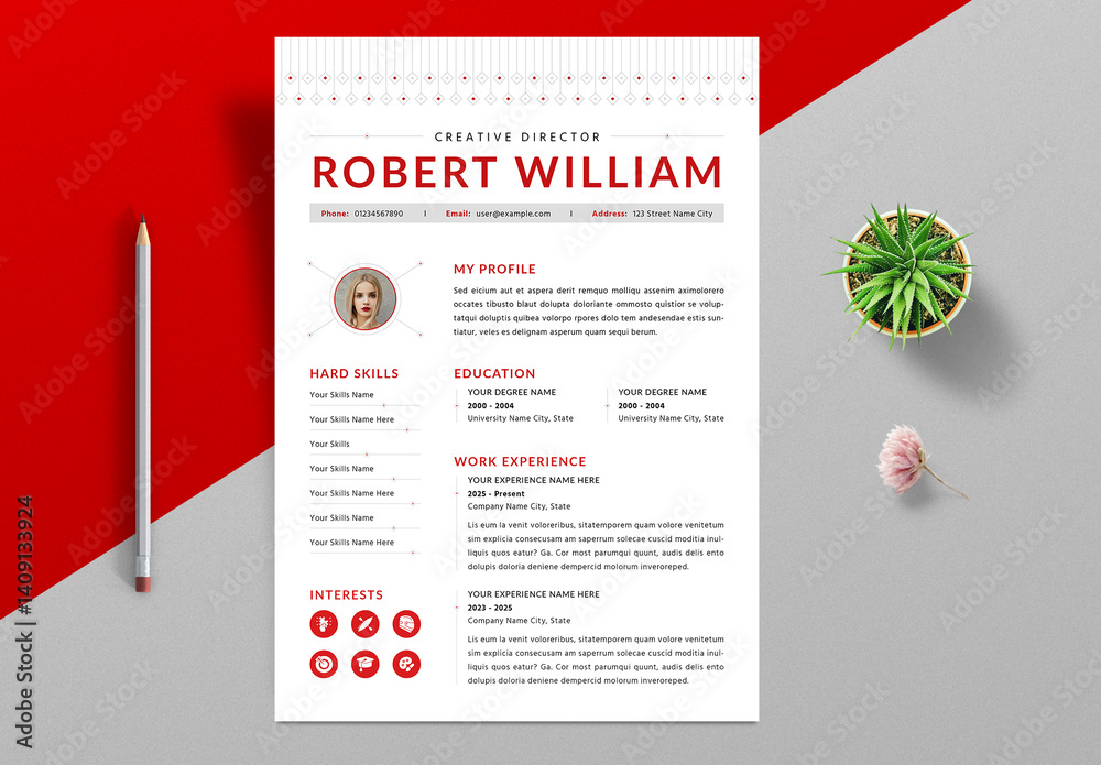 Resume Template Layout With Red Accent Stock Template | Adobe Stock