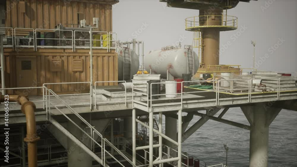 An old oil platform features sturdy structures and equipment, standing ...