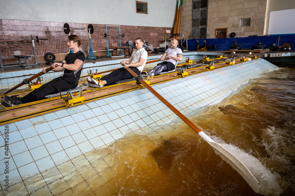 Poster Disciplined synchronized rowers maneuver oars perfecting ...