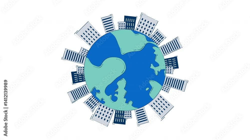 Earth globe with city buildings around 2D object doodle animation ...
