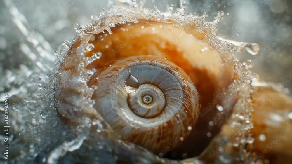A clear raindrop shining on a magical snail shell spiral, the ...