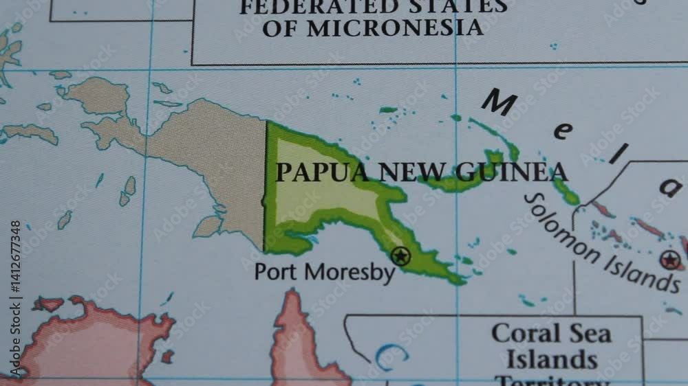 close up of the country of Papua New Guinea viewed on a wold map as a travel concept. Papua New ...