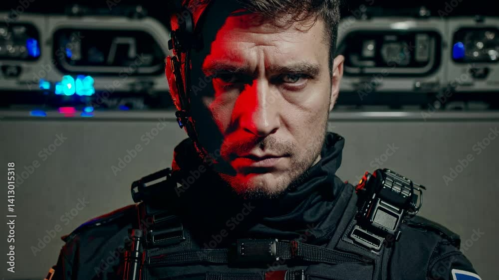 Vidéo Stock Focused special forces operator tactical gear intense stare ...
