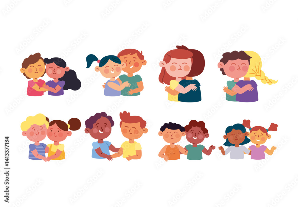 Friendly Happy Kids Cuddling Together Illustration Set Stock Template ...