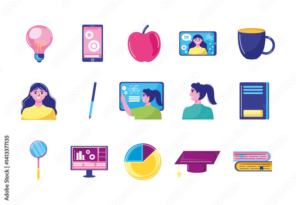 Modern Flat Educational School Elements Icons Set Stock Template | Adobe Stock