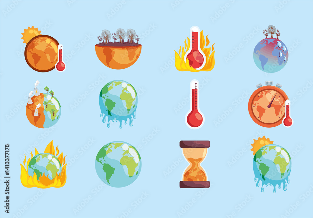 Colorful Melting Earth Climate Change Icons Set Stock Template | Adobe ...