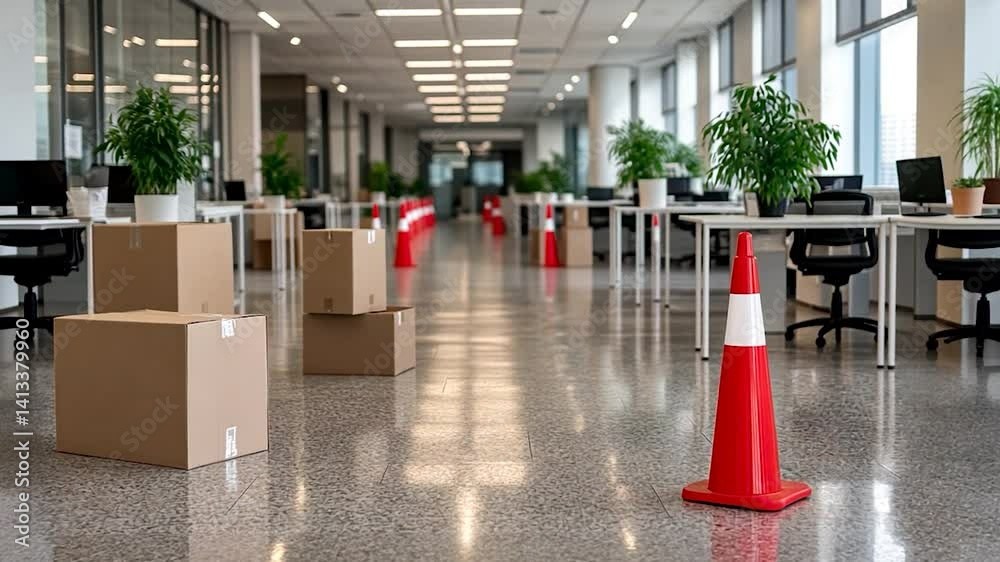 Office interior with delivery boxes and traffic cones, indicating ...