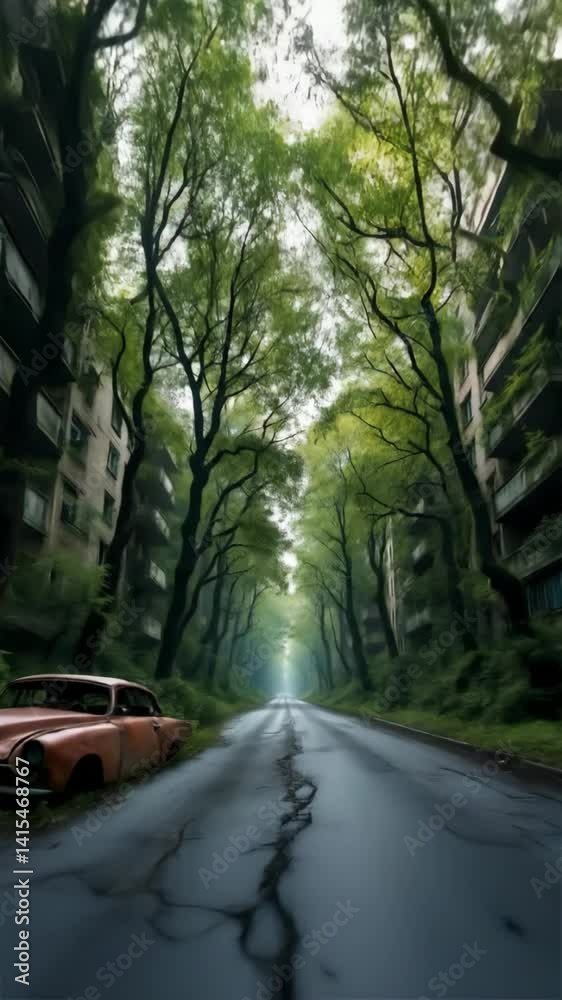 An empty city street with cracked asphalt is reclaimed by dense trees ...