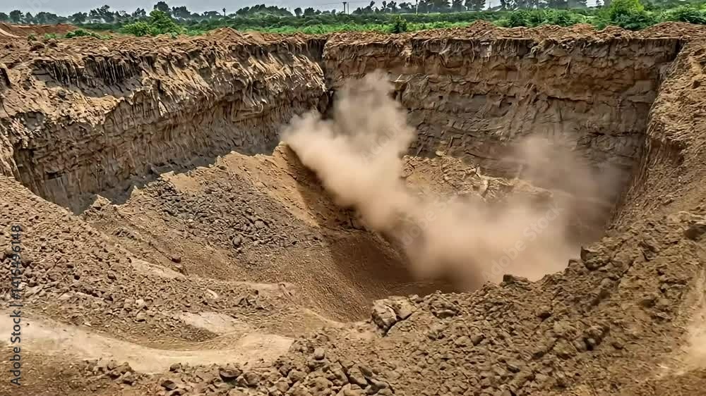 Rural quarry, dust cloud, earthworks, excavation, farmland background ...