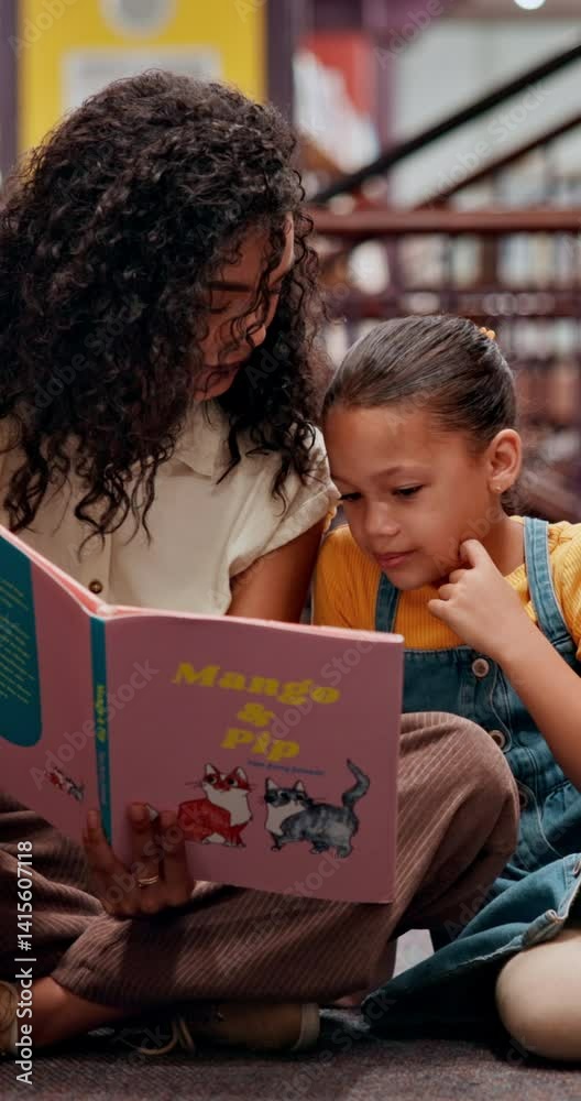 Woman, reading and child with book in library for knowledge, fantasy ...
