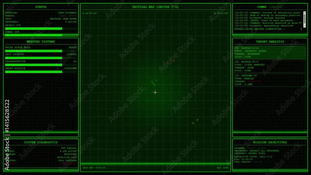 Classic 80s tactical HUD animation with green monochrome CRT scanline ...