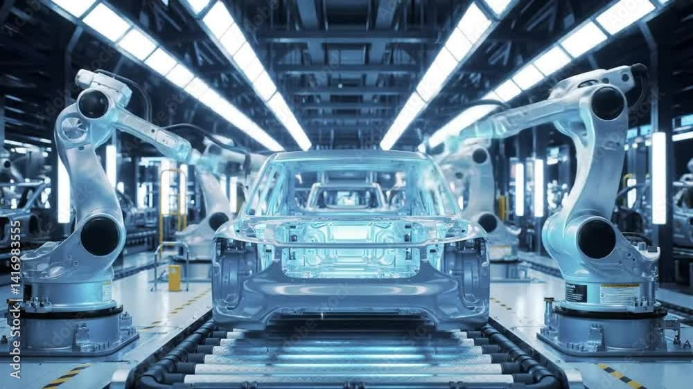 3D animation of robotic arms welding on automated conveyor line in ...