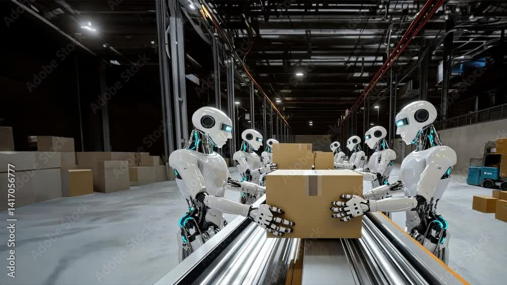A group of humanoid robots preparing cardboard boxes inside an industrial warehouse, ai agents ...