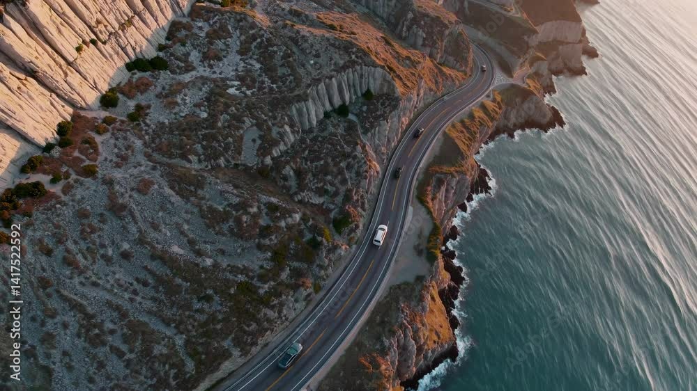High vantage reveals sweeping cliff highway hugging ocean; cliff ...