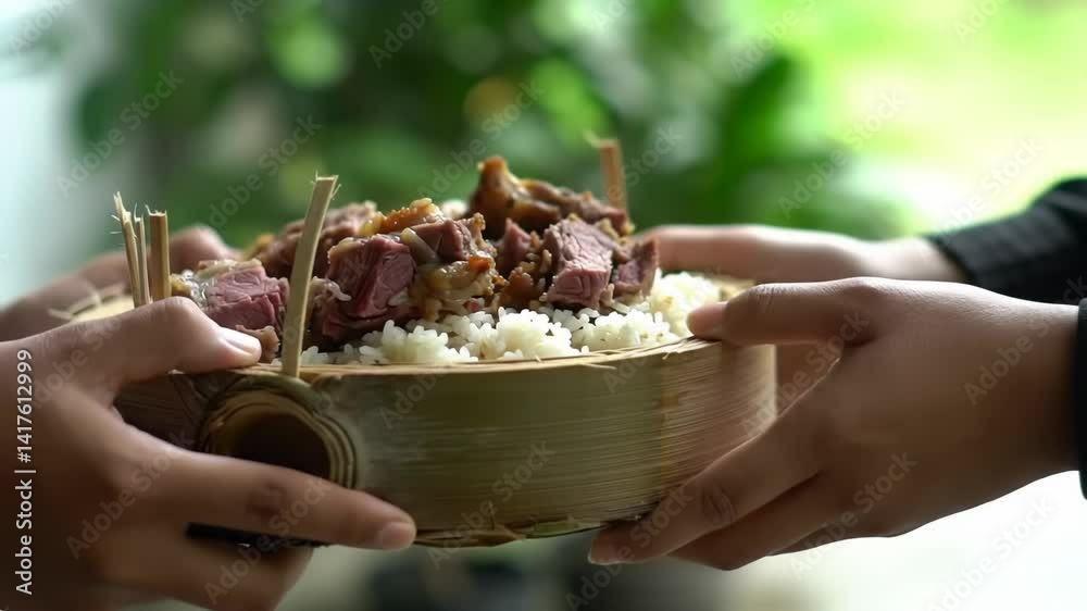 Hands exchanging traditional Eid al Adha meal of meat and rice in ...