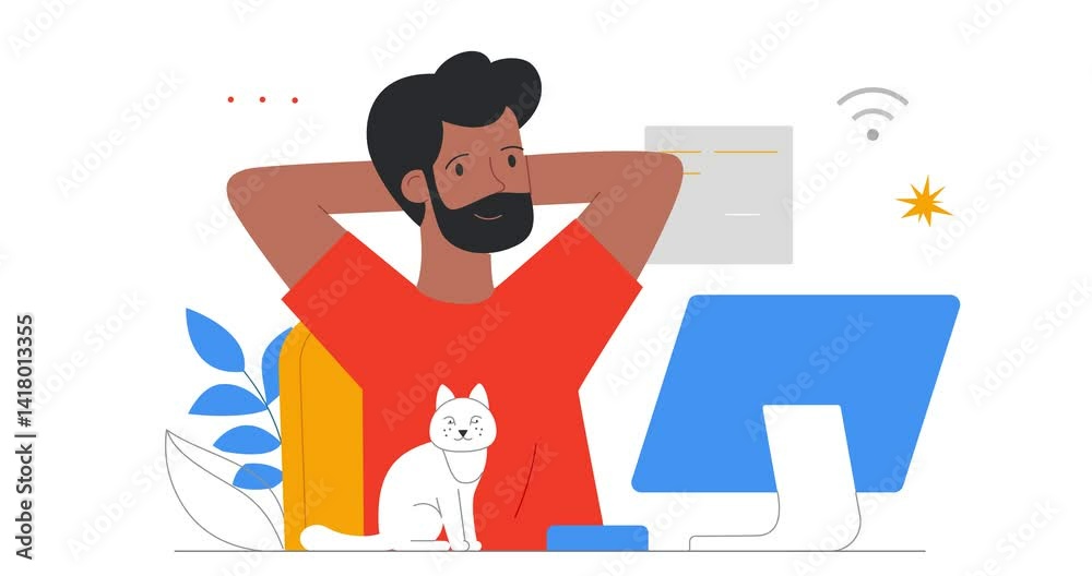 Working at home. Moving banner with happy male freelancer or remote ...