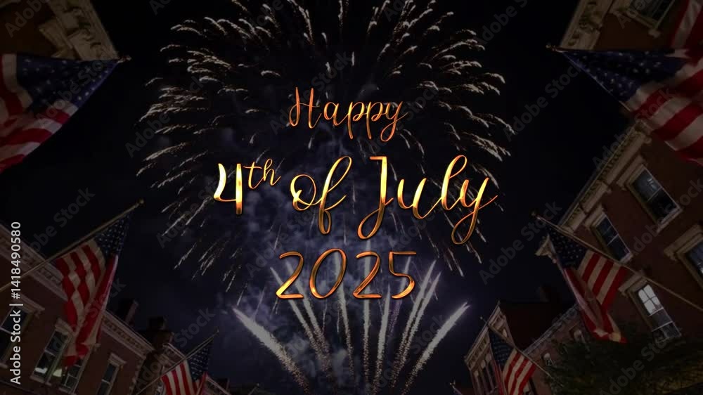Happy 4th of july Fireworks show with American flags flying above a ...
