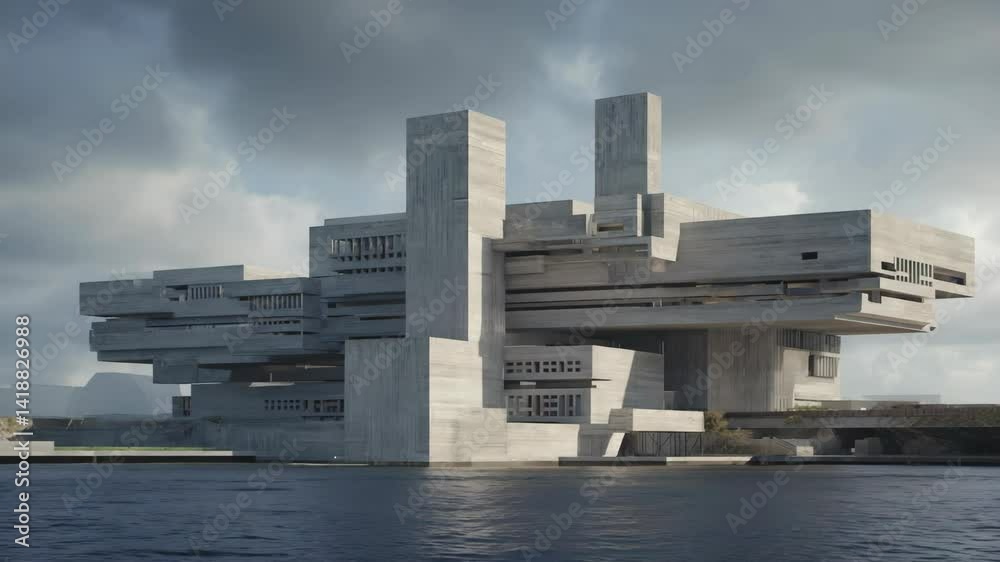 Video „Brutalist architecture dominates a waterfront setting under a ...
