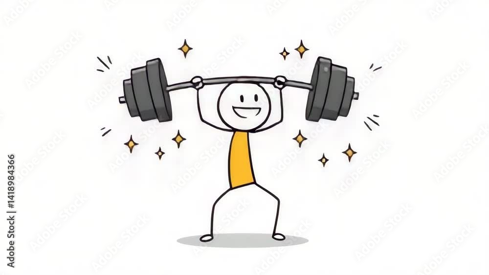 Flat cartoon stick figure confidently lifting heavy barbell showing ...