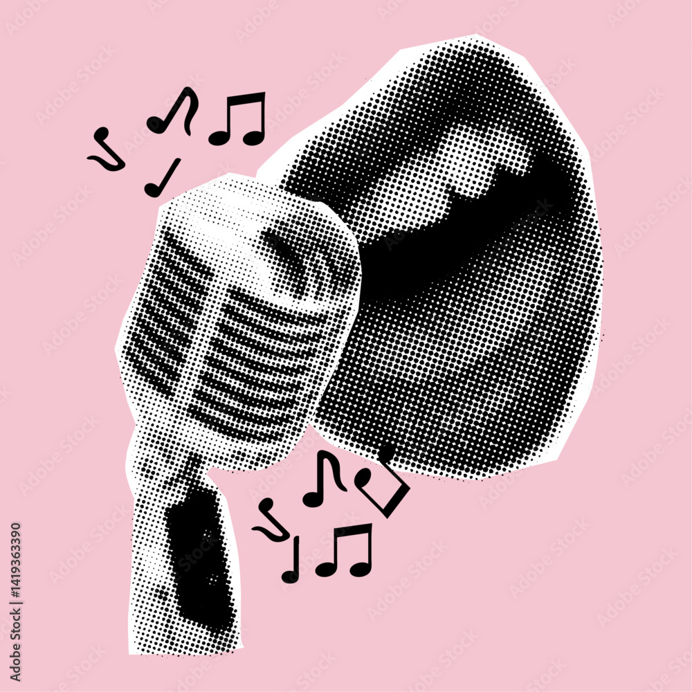 Poster Vector music collage with halftone microphone and singing mouth ...