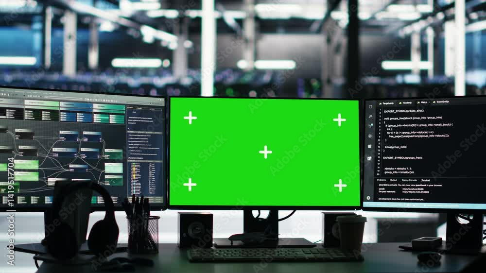 Mockup computers in data center facility manage supercomputers hardware energy consumption ...