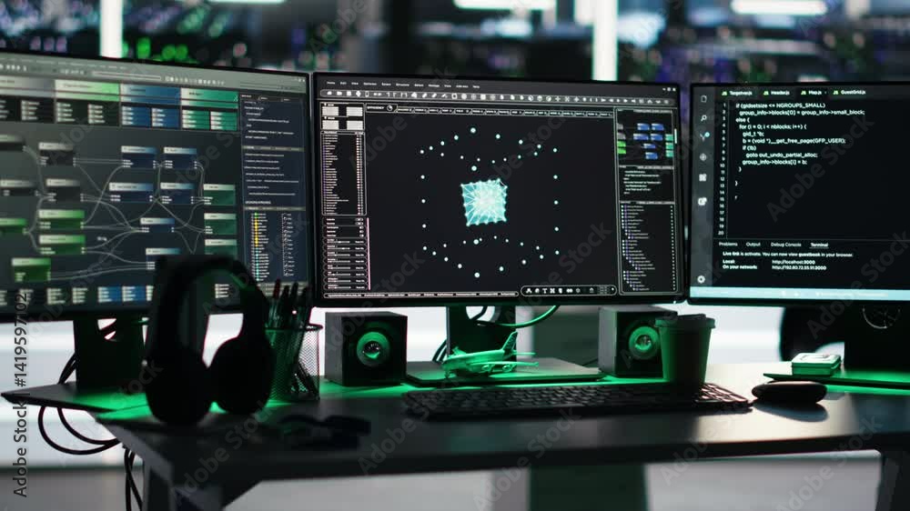 PCs in data center managing network resources using node tree software visualizing connections ...