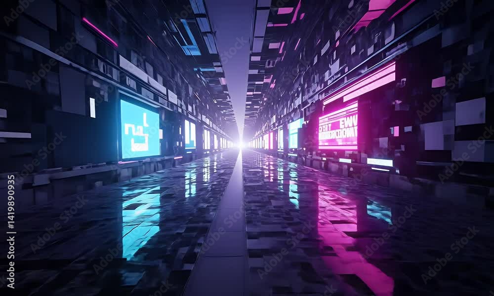 Video of a futuristic tunnel where neon signs malfunction and the ...