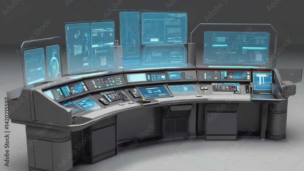 Advanced futuristic control room console with transparent screens ...