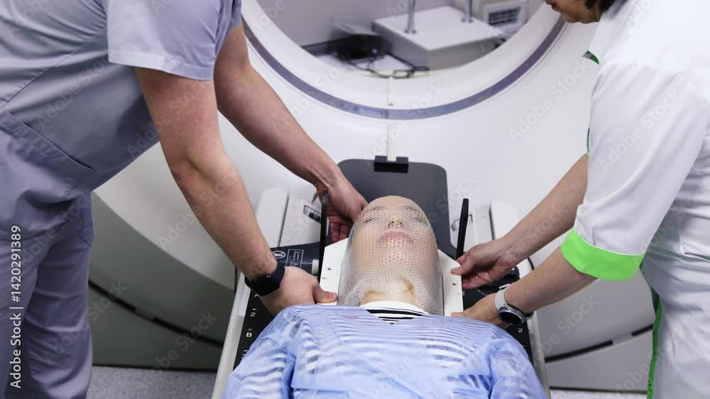 Specialists are preparing the young woman for radiation therapy by ...