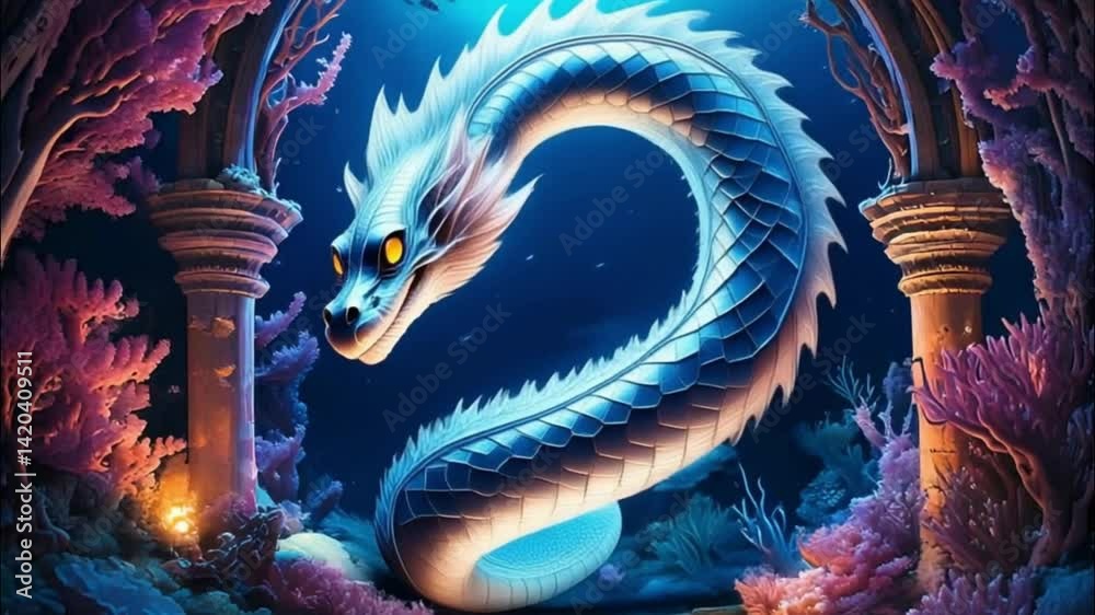 Oceanic Fantasy Kingdom of crystalline sea serpent weaving through ...