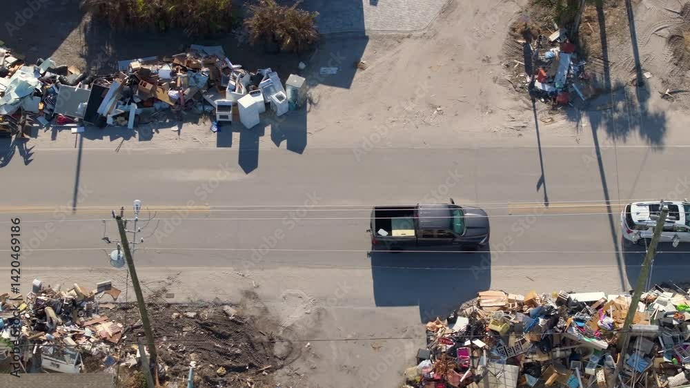 Hurricane aftermath cleanup. Piles of debris on street side in Florida ...
