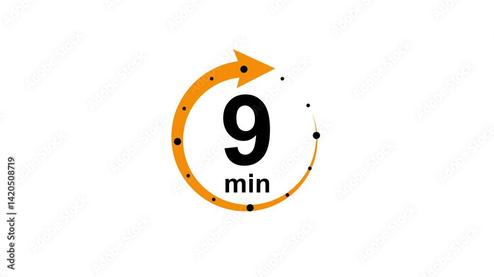 9 minute timer symbol, isolated on transparent white background with alpha channel. 9 min time ...