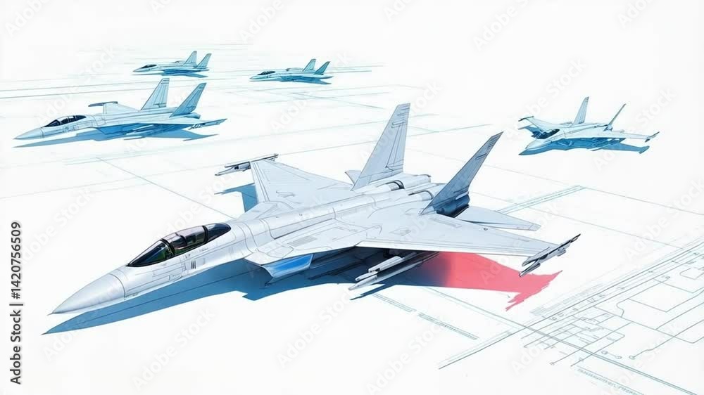 Formation of Modern Fighter Jets on a Light Background with Blueprints ...