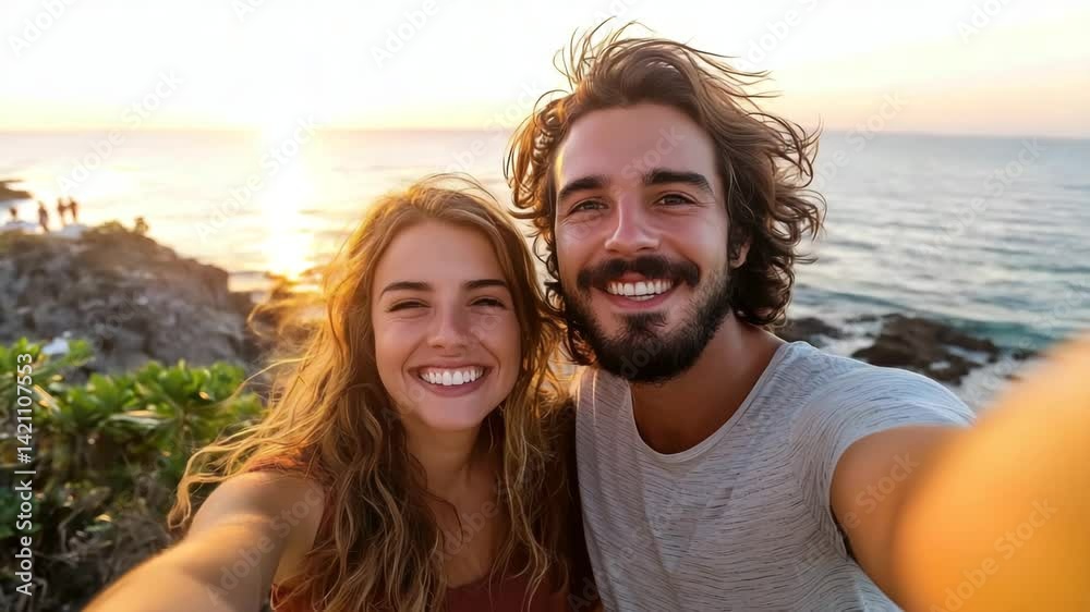 Coastal Sunset Selfie: A radiant couple shares a sun-kissed moment ...