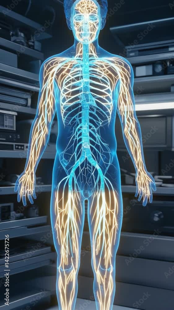 Anatomical illustration of a human nervous system, showcasing nerves ...