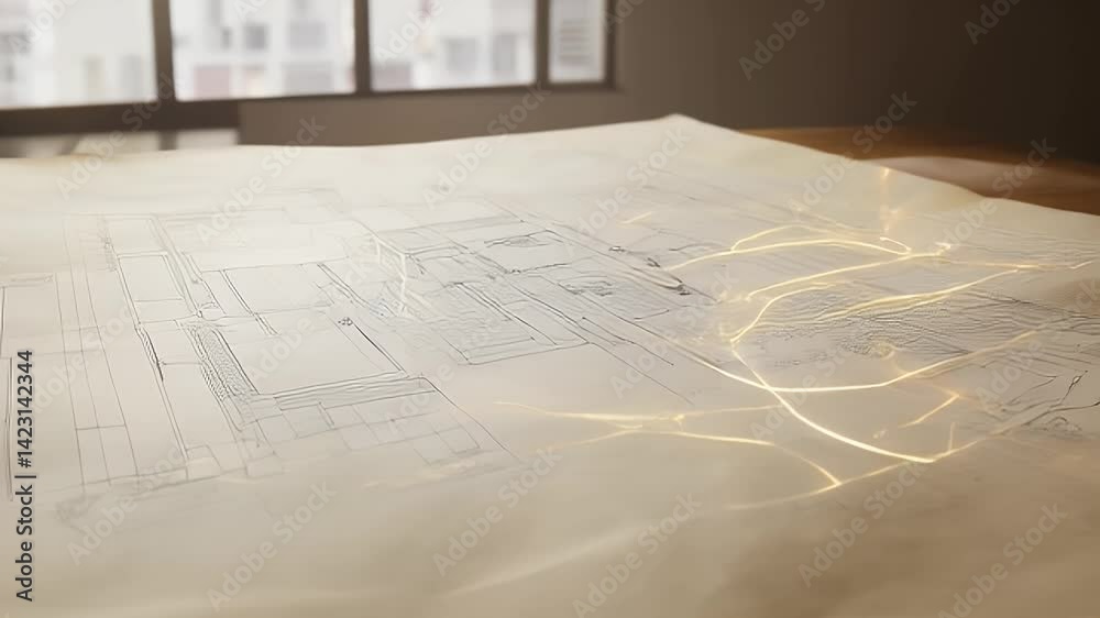 Illuminated Blueprint on Wooden Table Architectural Design for Urban ...