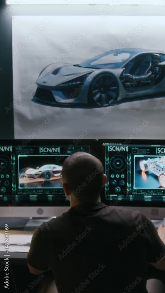 Full rear vertical shot of Caucasian male engineer sitting in office ...