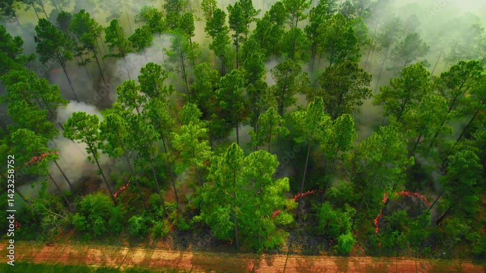 Spreading Wildfire Near Forest Road in Georgia, USA. Flames creep ...