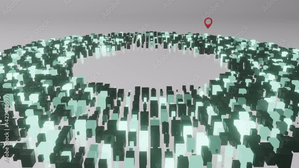 Red location pin pop up on city buildings all around. GPS map ...