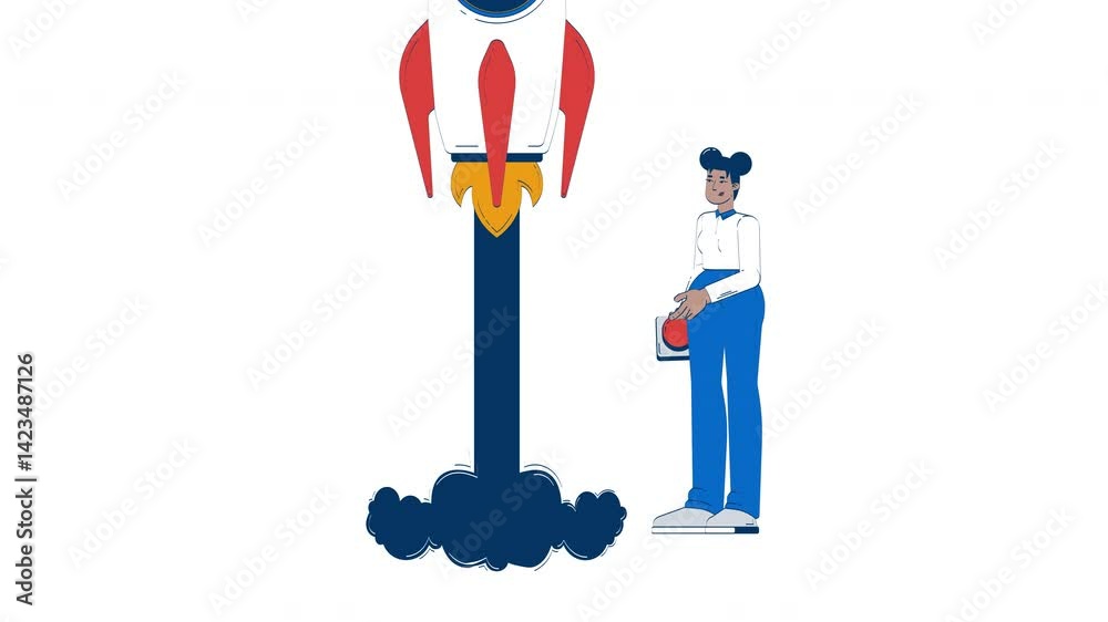 Female entrepreneur launching MVP startup rocket hand drawn whiteboard ...