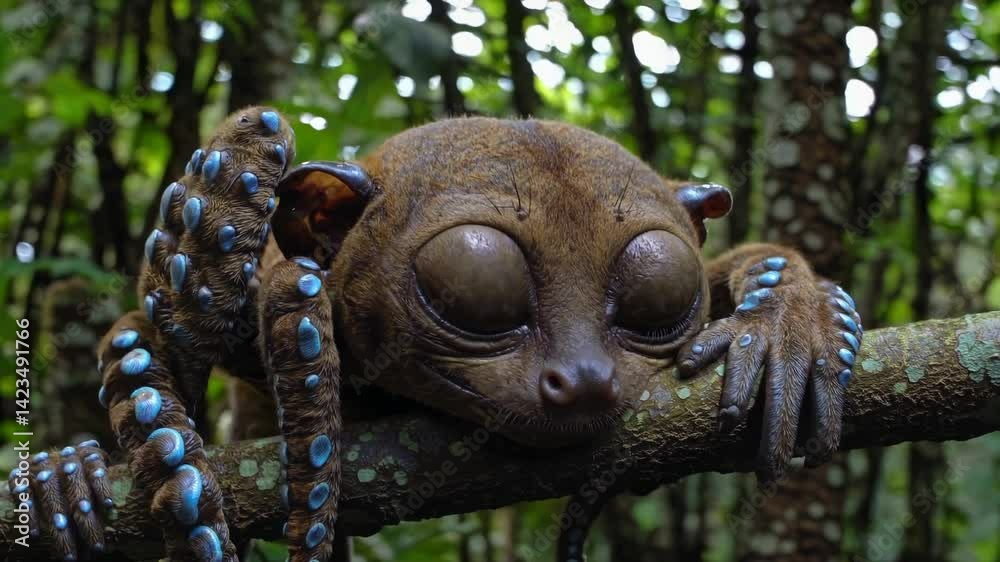 Tarsier primate with oversized eyes slowly falling asleep, clinging ...