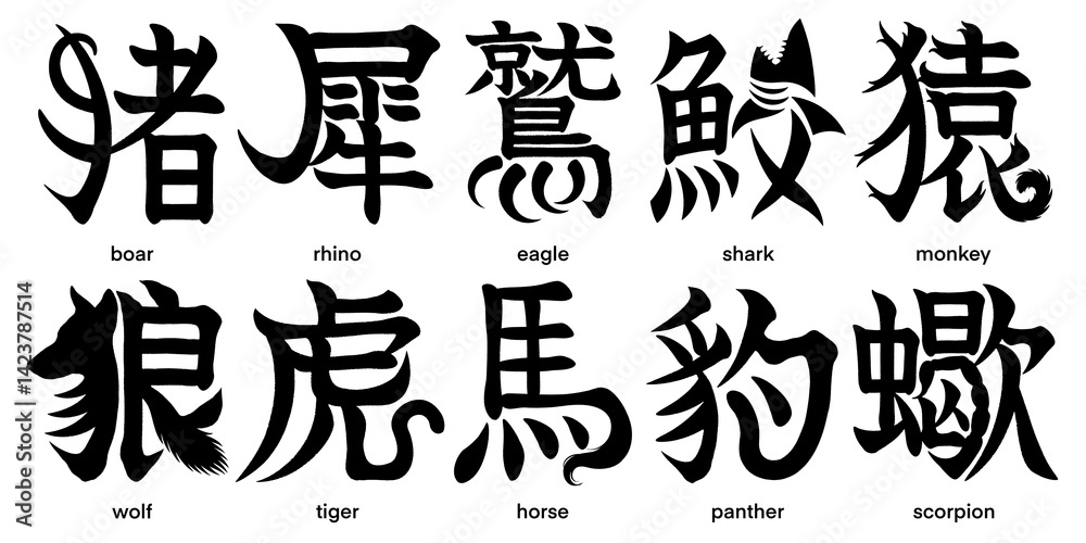 Poster Pictorial Japanese kanji characters for various animals isolated ...