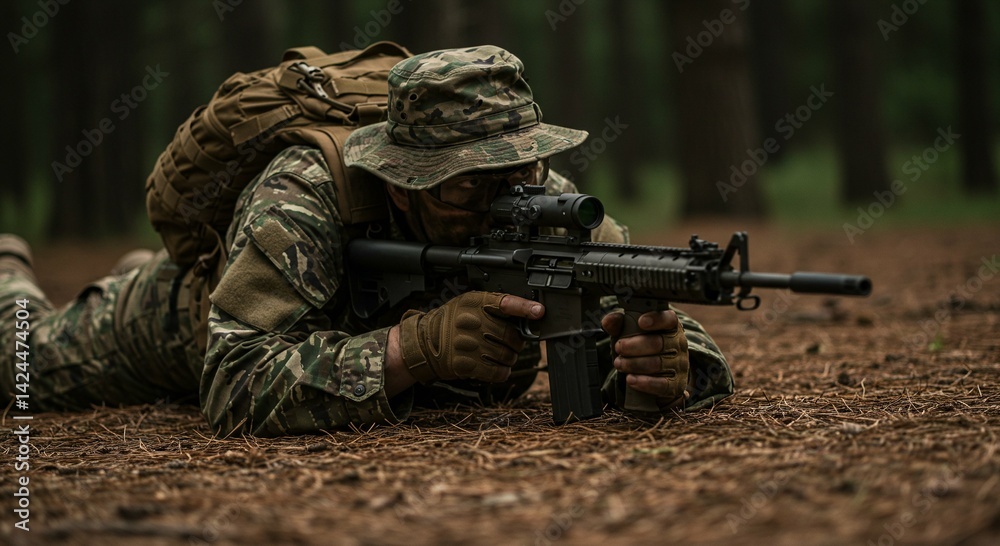 Poster A man in camouflage wearing a boonie hat and tactical gear lies ...