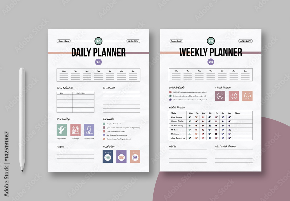 Daily And Weekly Planner Template Layout Stock Template | Adobe Stock
