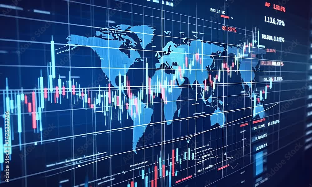 A stock market graph overlaying the world map, with financial data ...