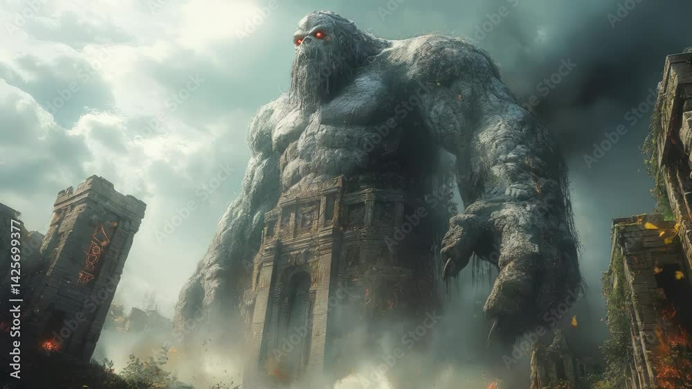 Stone skinned cyclops with glowing red eyes emerges from ancient ruins ...