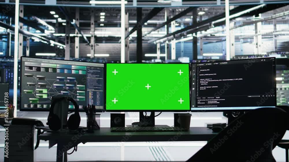 Chroma key displays in server farm displaying node tree programming tool detecting gear ...